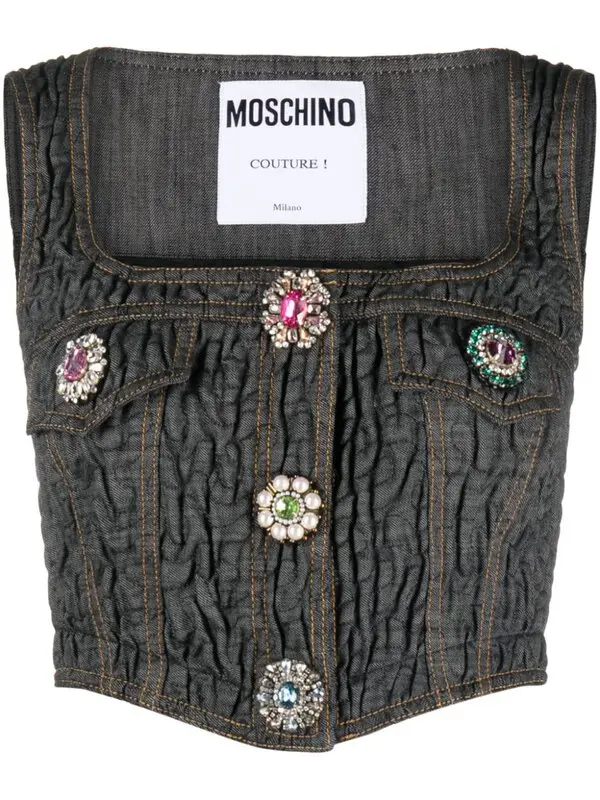 Moschino Brooch-embellished Denim Bustier - Black