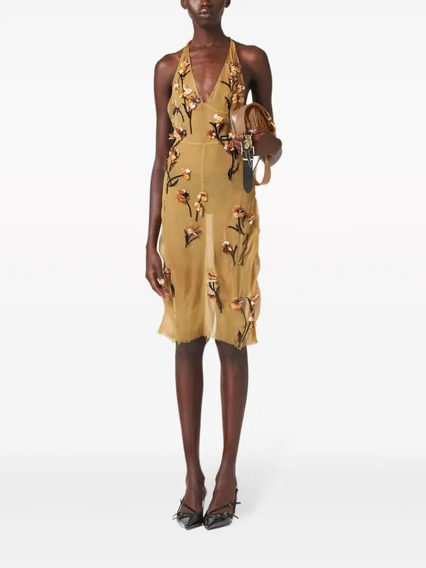 Miu Miu Floral-Embroidery V-Neck Dress - Yellow | Editorialist