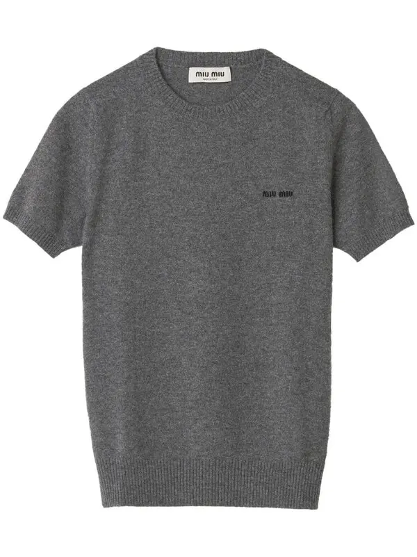 Miu Miu Cashmere Crewneck Sweater With Logo Detail - Grey