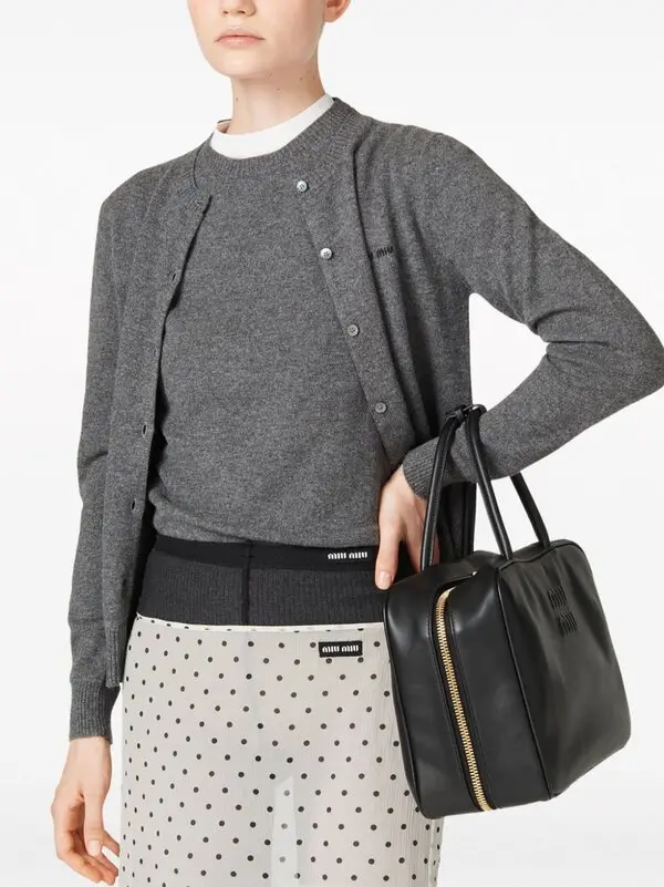 Miu Miu Cashmere Crewneck Sweater With Logo Detail - Grey