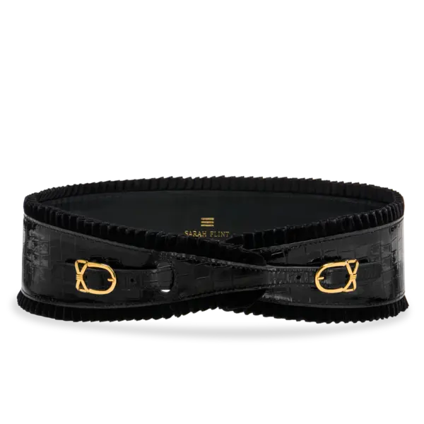 Sarah Flint Whitman Ruffle Belt - Black Croc Embossed Calf & Black