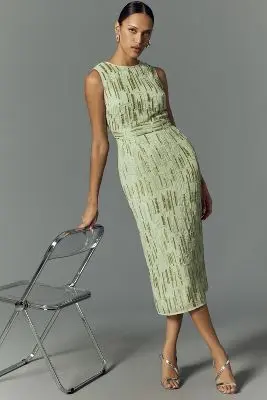 mac duggal sleeveless beaded midi dress Crepe Sleeveless Midi Dress With Flower Beading