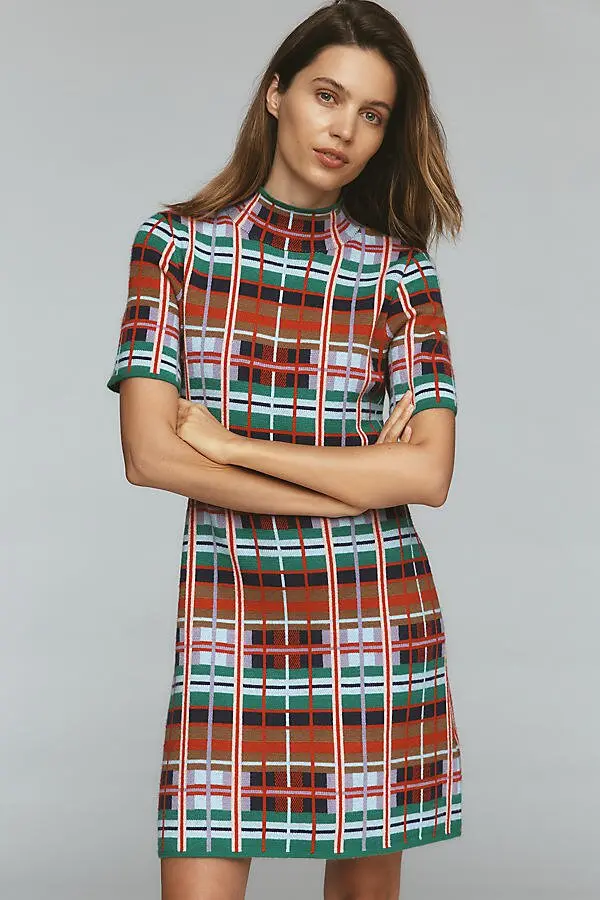 Anthropologie Short-sleeve Mock-neck Sweater Mini Dress - Rainbow Plaid