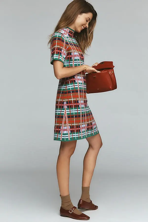 Anthropologie Short-sleeve Mock-neck Sweater Mini Dress - Rainbow Plaid