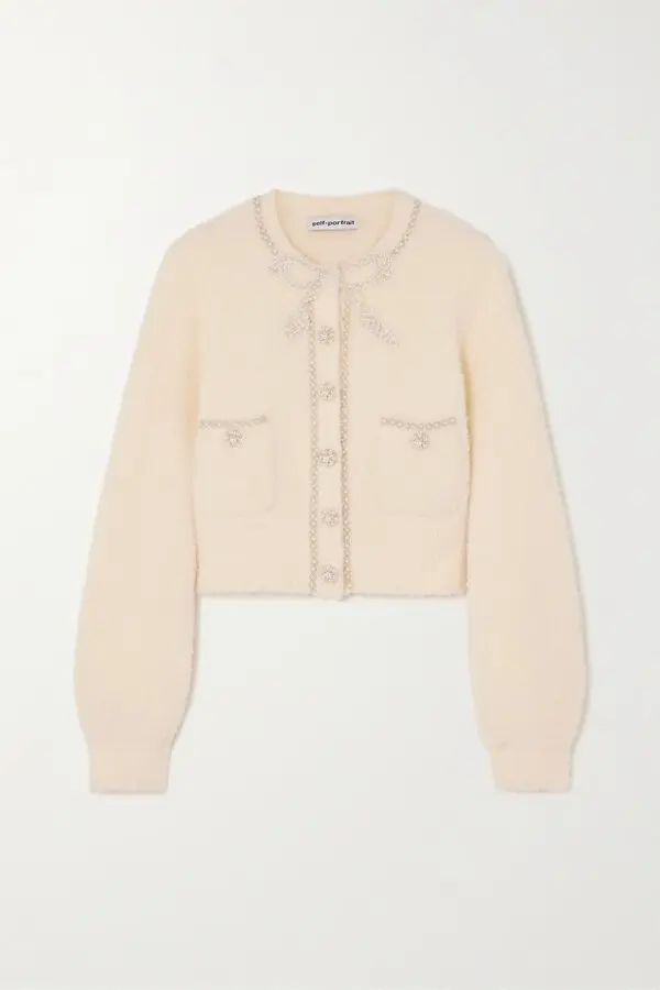 SELF-PORTRAIT Cropped Embellished Bouclé-knit Cardigan