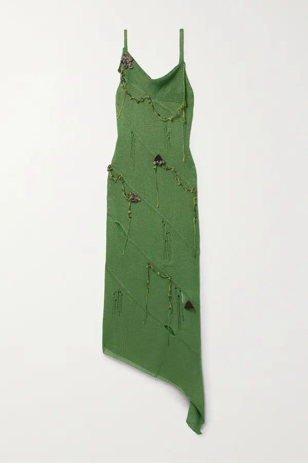 Acne Studios Distressed Crochet-Trimmed Knitted Maxi Dress - Green |  Editorialist