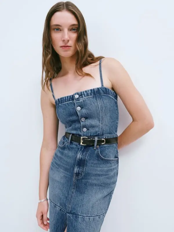 reformation denim maxi dress Reformation Tagliatelle Denim Midi Dress In Ellis, Size 12 Us