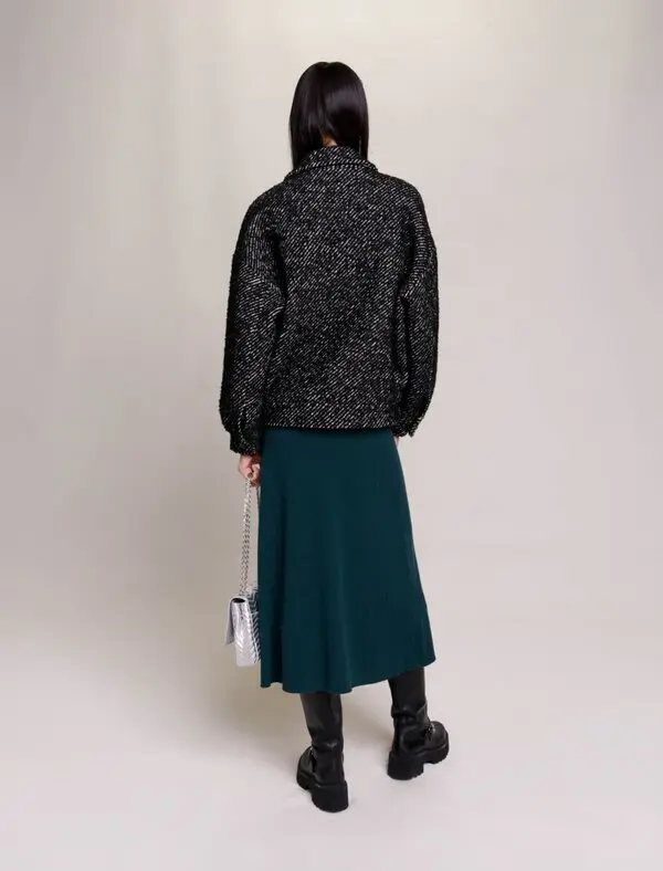 Maje Cropped Herringbone Double-breasted Coat With Faux Leather Inserts