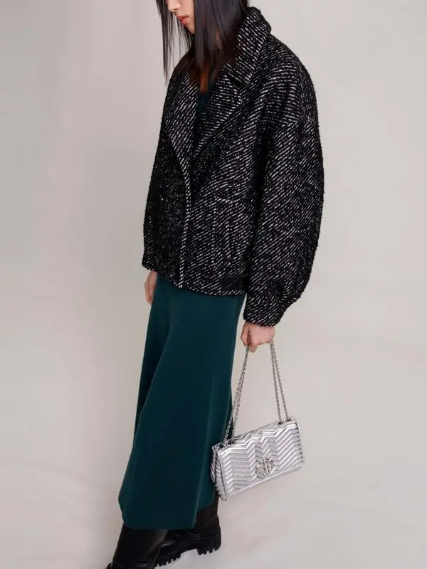 Maje Cropped Herringbone Double-breasted Coat With Faux Leather Inserts