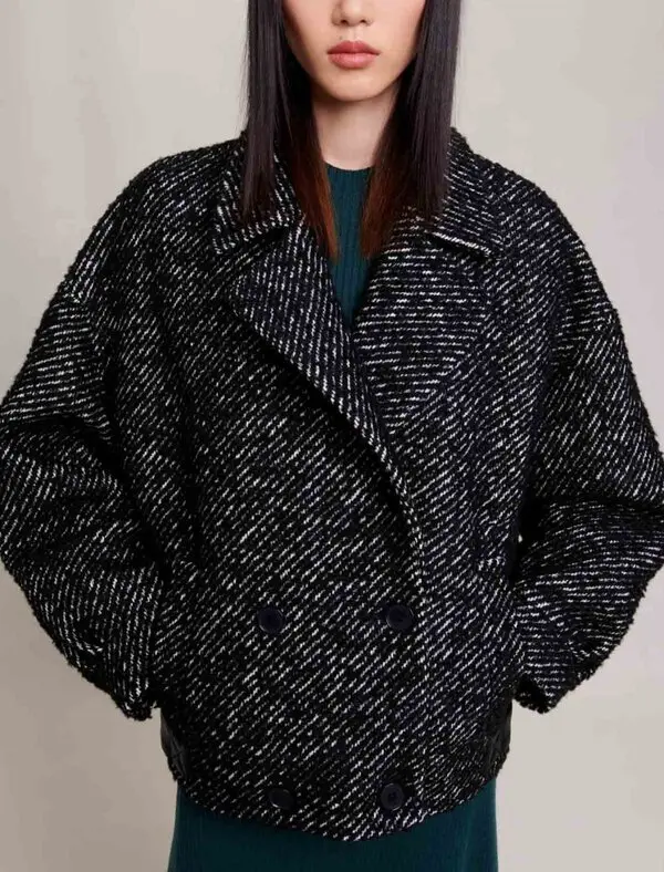 Maje Cropped Herringbone Double-breasted Coat With Faux Leather Inserts