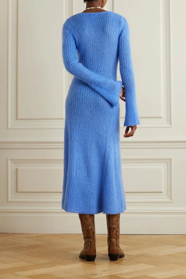 ganni blue knit dress Ganni Ribbed Brushed Mohair-Blend Maxi Dress In Blue - 50% Off
