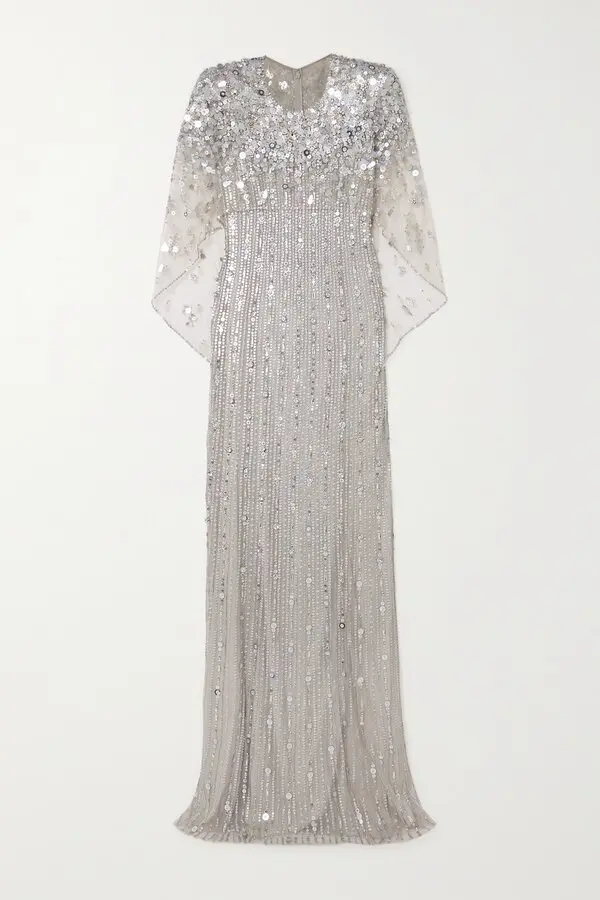 Jenny Packham Nettie Cape-effect Sequined Tulle Gown - Silver