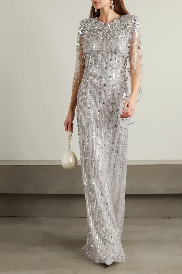Jenny Packham Nettie Cape-effect Sequined Tulle Gown - Silver