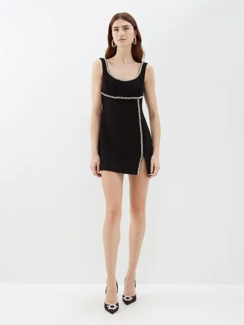 Self-Portrait Crystal-Trim Textured-Knit Mini Dress - Black | Editorialist