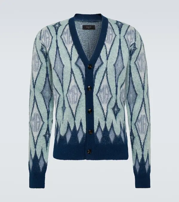 Amiri Argyle Mohair-blend Cardigan - Blue