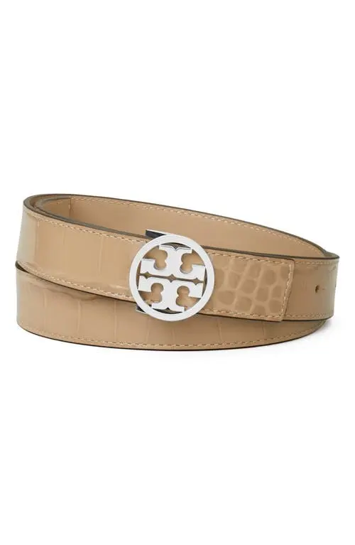 Tory Burch Miller Croc Embossed Leather Belt - Terre / Silver