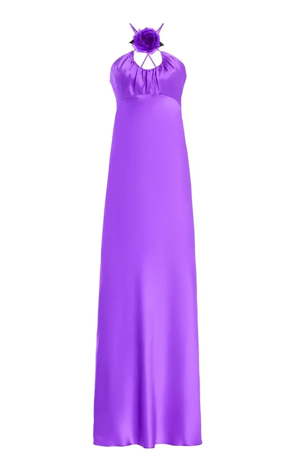 RODARTE Floral-appliquéd Ruched Silk-satin Maxi Dress - Purple