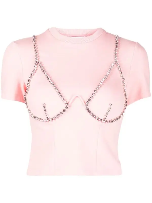 AREA Crystal-embellished Cup-chain T-shirt - Pink