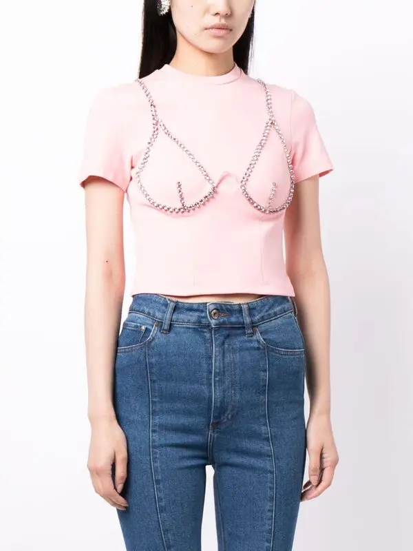AREA Crystal-embellished Cup-chain T-shirt - Pink