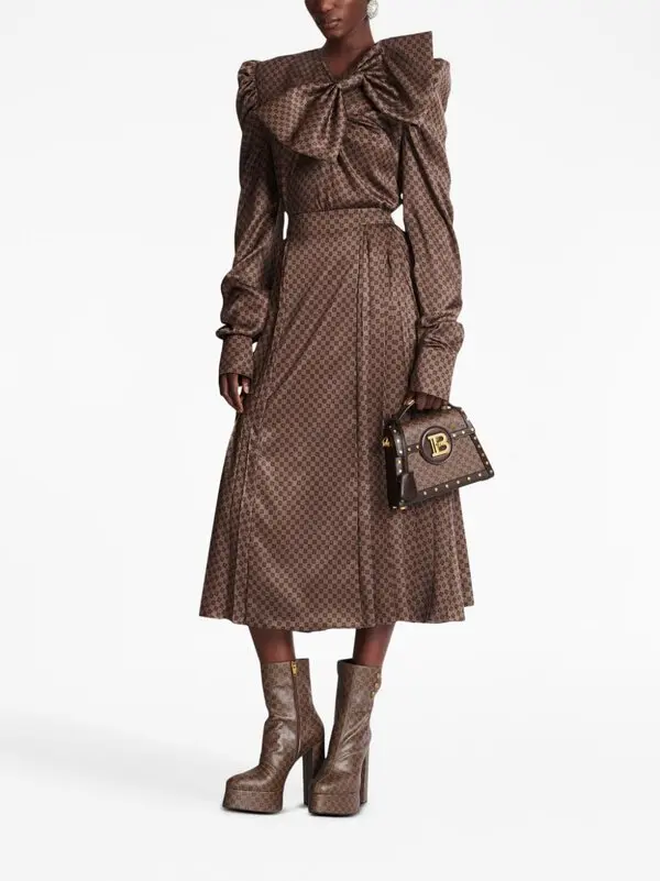 Balmain Monogram-print Pleated Midi Skirt