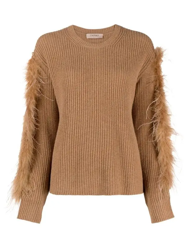 TWINSET Feather-trim Ribbed-knit Jumper