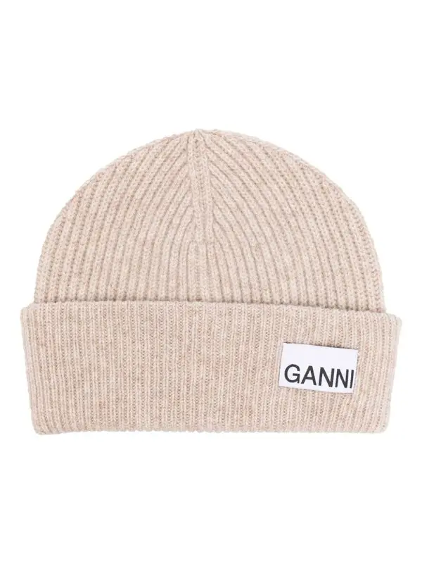 GANNI Logo-patch Ribbed-knit Beanie - Neutrals
