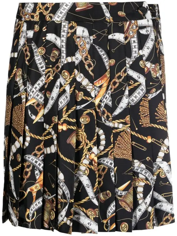 Moschino Silk Chain-link Print Knife-pleat A-line Skirt - Black