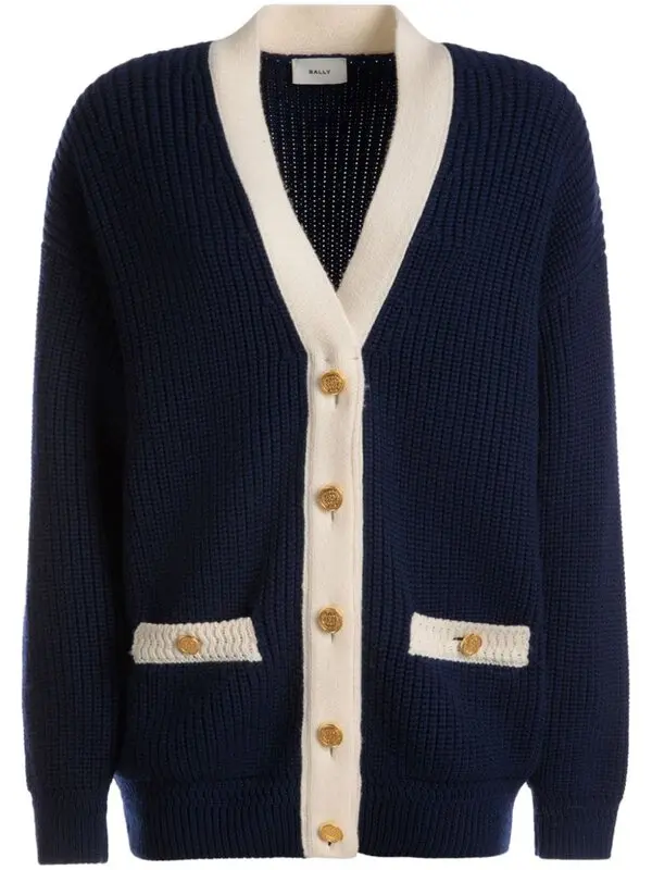 Bally Two-Tone V-Neck Wool Cardigan - Blue | Editorialist