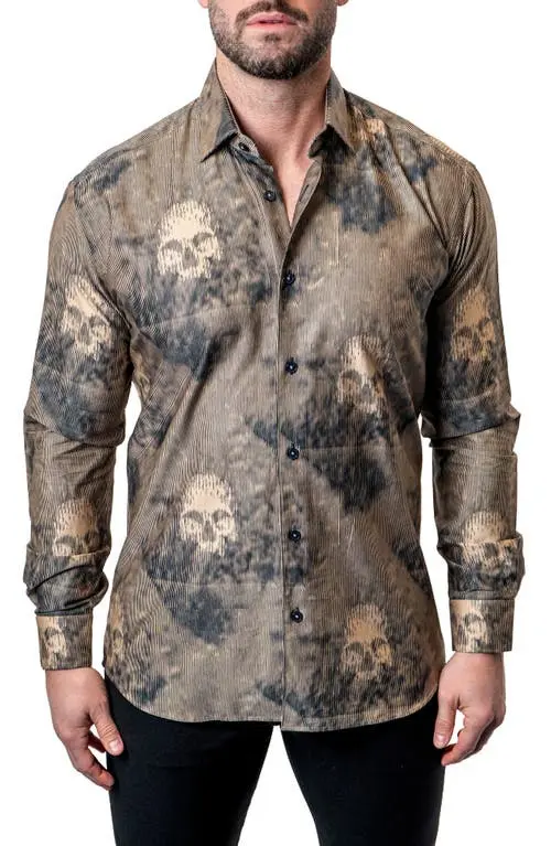 MACEOO Einstein Skull Sand Contemporary Fit Button-up Shirt - Brown
