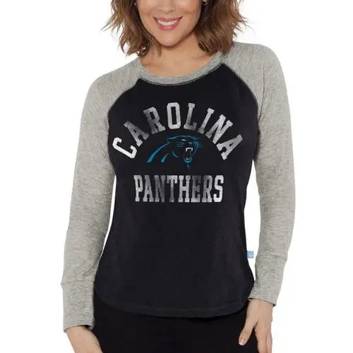 G-III 4HER BY CARL BANKS Heather Gray Carolina Panthers Waffle Knit Raglan Long Sleeve T-shirt - Black