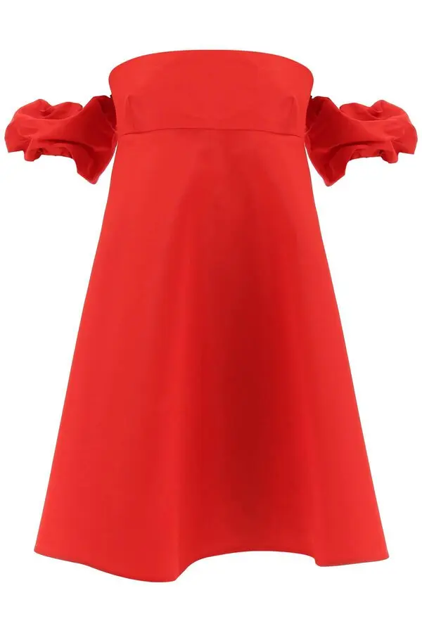 valentino red off the shoulder dress Valentino Red Off-shoulder printed silk dress|PR0VA6K53MLC61