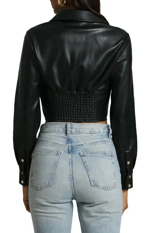 Avec Les Filles Faux-ever Leather™ Long Sleeve Cropped Corset Shirt