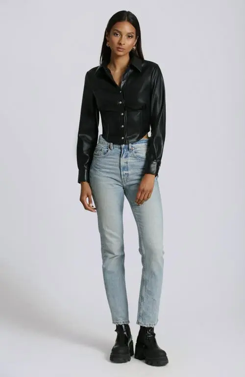 Avec Les Filles Faux-ever Leather™ Long Sleeve Cropped Corset Shirt