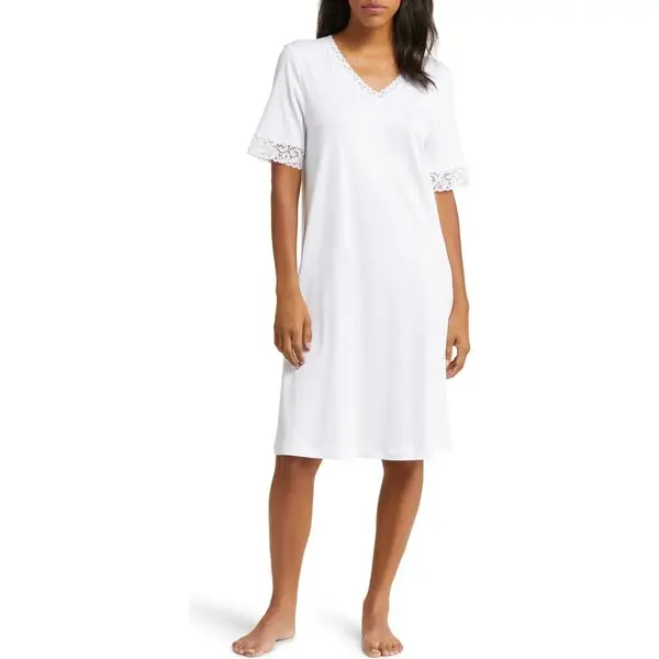 Hanro Moments Short Sleeve V-neck Cotton Nightgown - 101 - White
