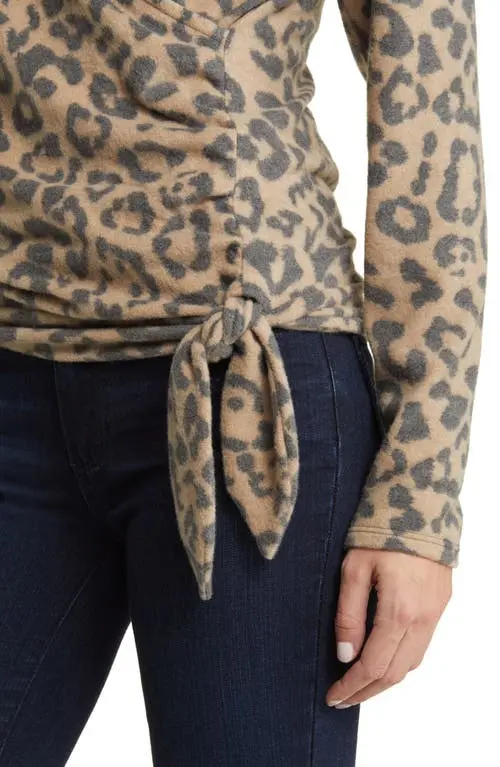 Loveappella Faux Tie Wrap Top - Camel/charcoal