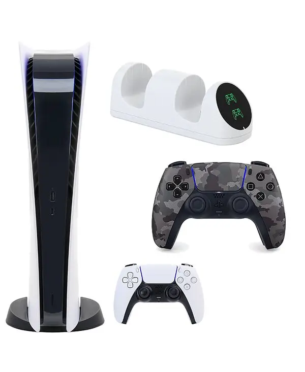 SONY Ps5 Digital Console With Extra Gray Camo Dualsense Controller And Dual Charging Dock - Open White