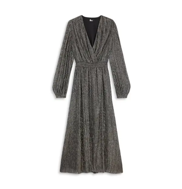 silver pleated midi dress ASTR the Label | Saoirse Metallic Pleated Midi Dress in Black Silver