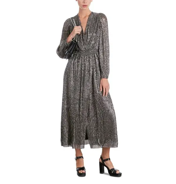 silver pleated midi dress Rebecca Taylor Silver Lame Pleated Dress | Silver