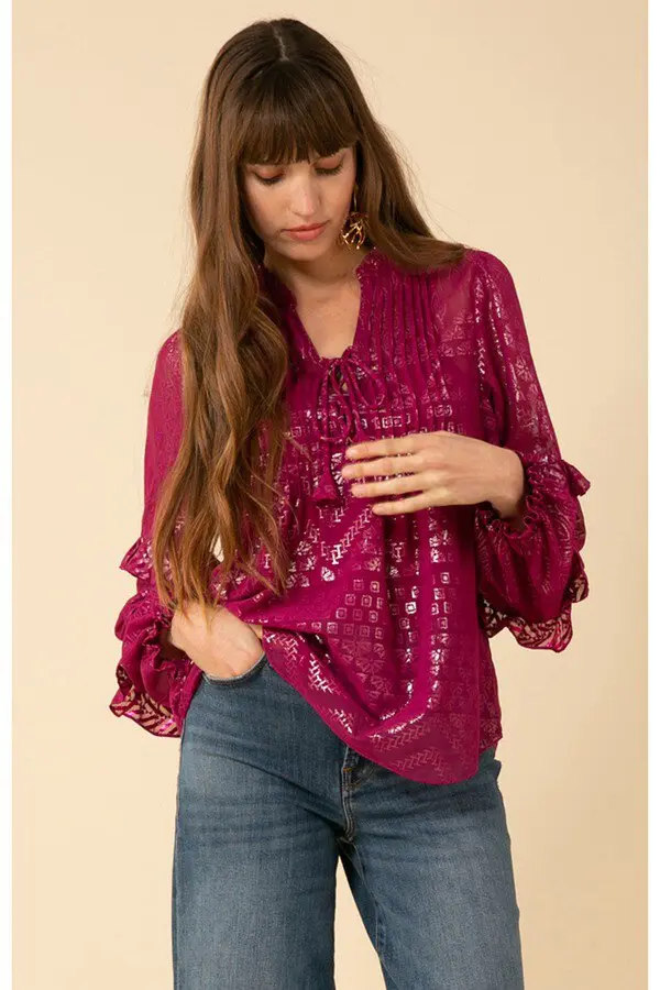 Hale Bob Mäelys Foiled Chiffon Lace-up Top - Red