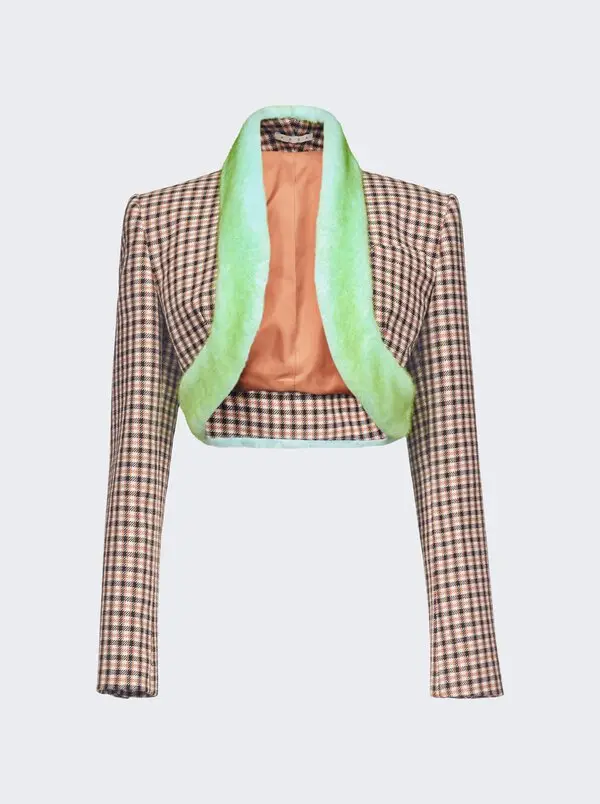 AREA Plaid Wool Cropped Blazer With Faux Fur Trim - Caramel