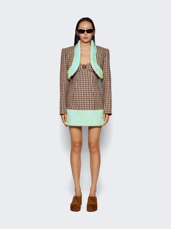 AREA Plaid Wool Cropped Blazer With Faux Fur Trim