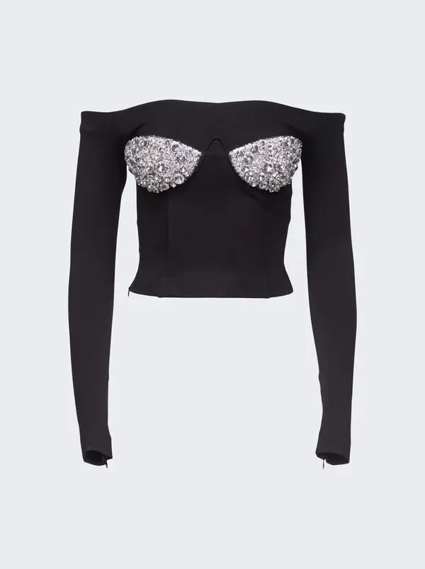 AREA Off-shoulder Crystal Cup Bustier Top - Black