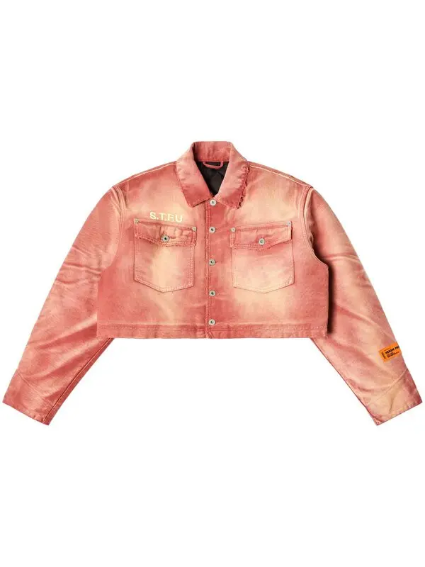 Heron Preston Distressed Denim Cropped Jacket In Red 70% Off