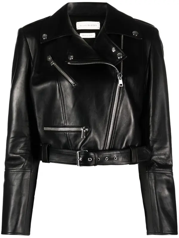 Alexander McQueen Cropped Leather Biker Jacket - Black