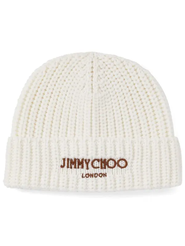 JIMMY CHOO Logo-embroidered Ribbed-knit Beanie - White