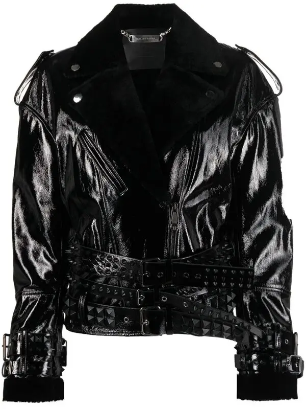 Philipp Plein Shearling-collar Patent-leather Jacket - Black