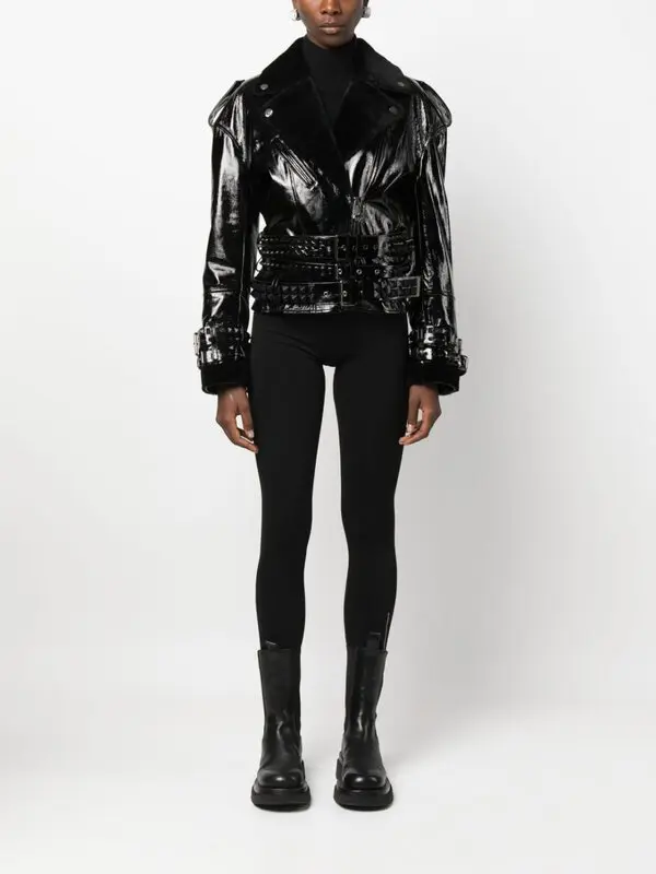 Philipp Plein Shearling-collar Patent-leather Jacket