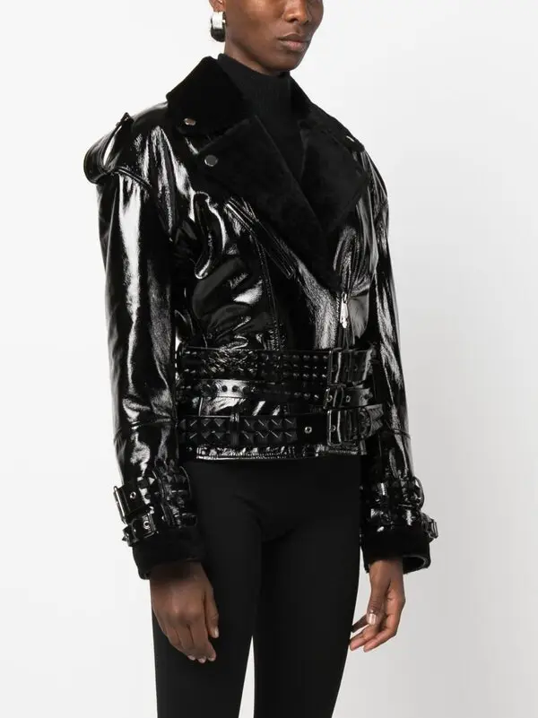 Philipp Plein Shearling-collar Patent-leather Jacket