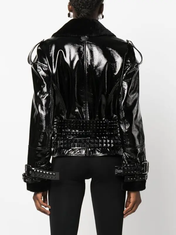 Philipp Plein Shearling-collar Patent-leather Jacket
