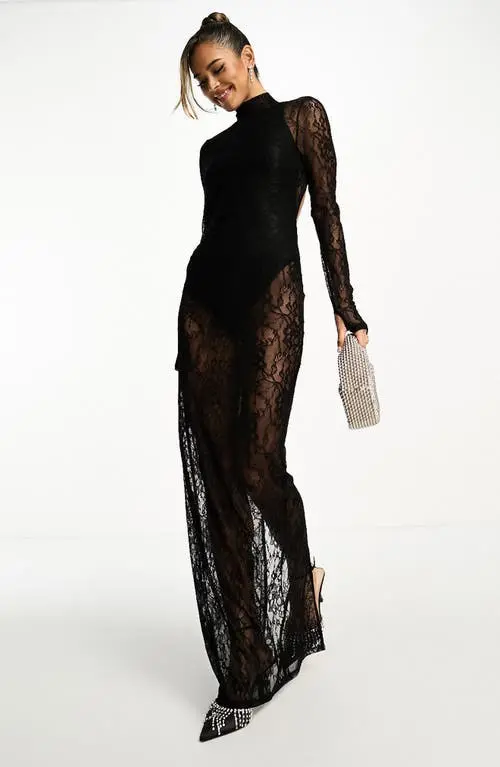 asos long sleeve lace dress ASOS DESIGN long sleeve lace paneled maxi dress in black